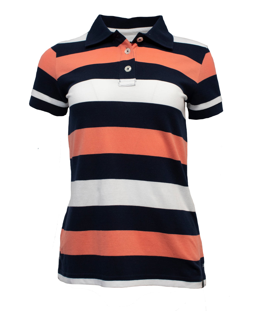 Pilbara Ladies Striped Polo Shirt | Grapefruit-Navy-White – Burton's ...